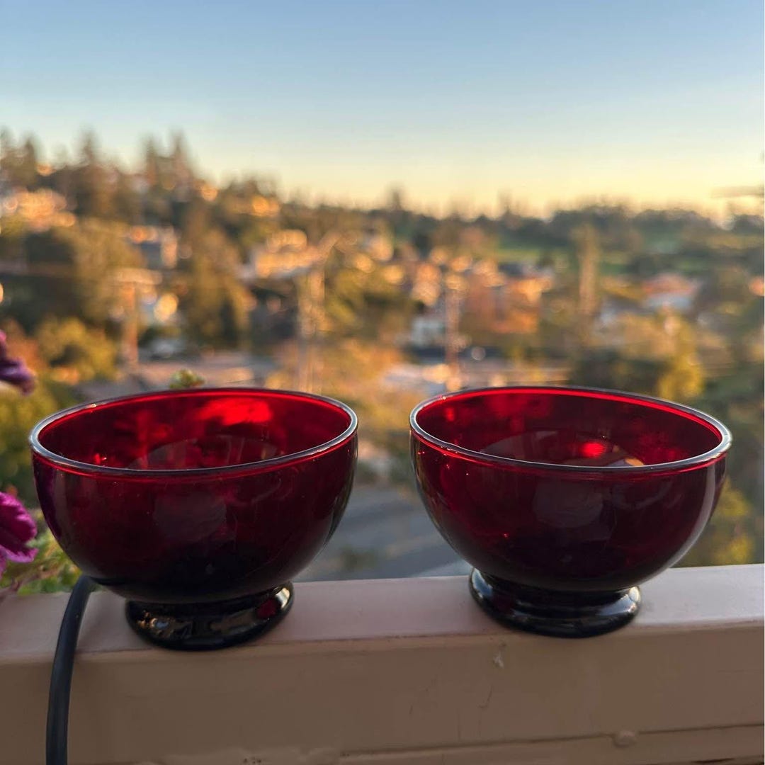 Set of 5 Four Ruby Red Footed Custard Dessert Dishes Cups | Vintage ...