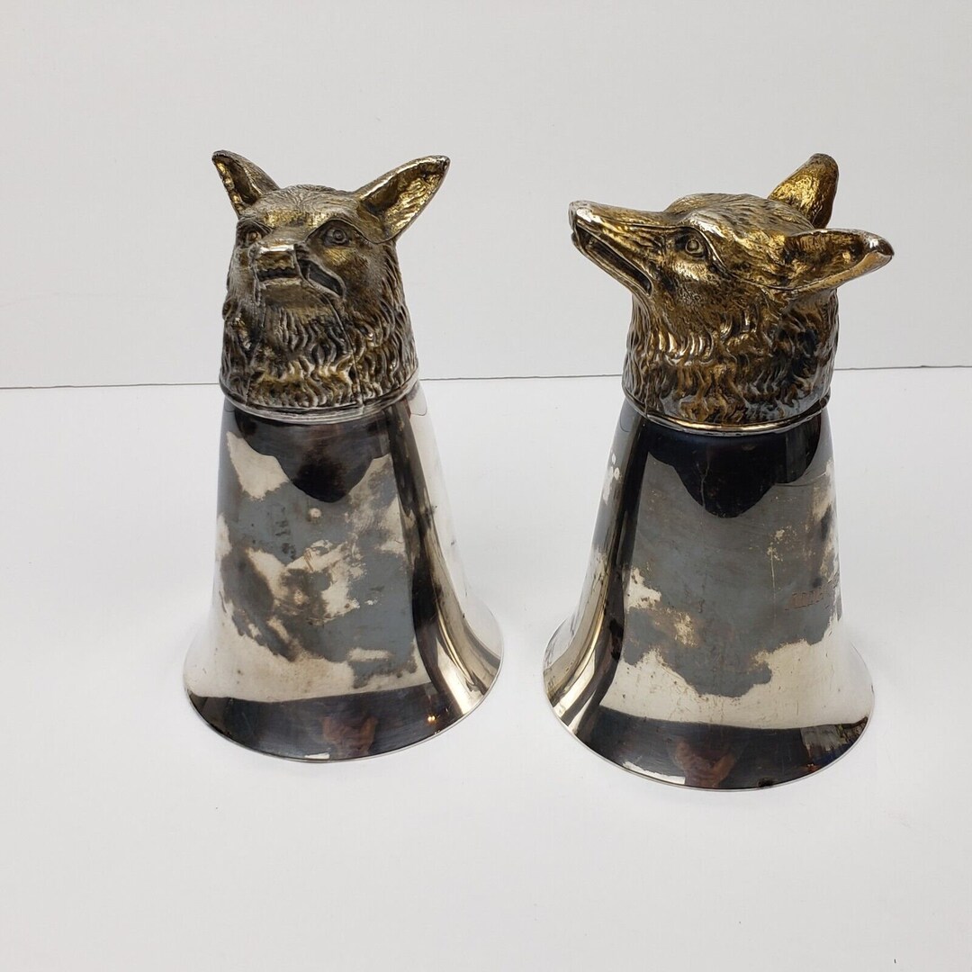 Pair 2 1970s Vintage Silver Plated Fox Head Stirrup Cups Hunting ...