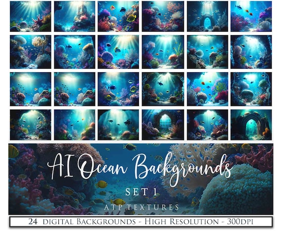 24 Digital Backgrounds - OCEAN Set 1 - Photo Backdrop, Under the sea ...