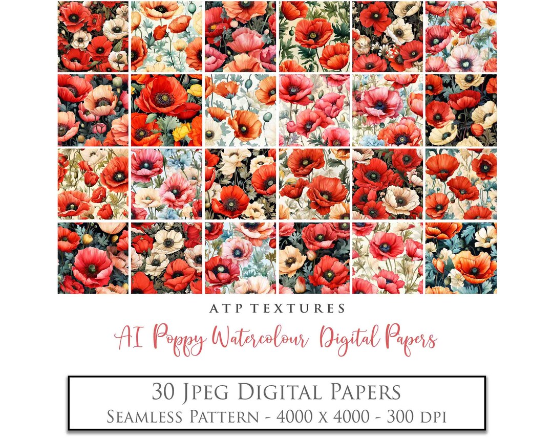 30 Digital Papers WATERCOLOUR POPPY Set 1, Scrapbooking, Card Making ...