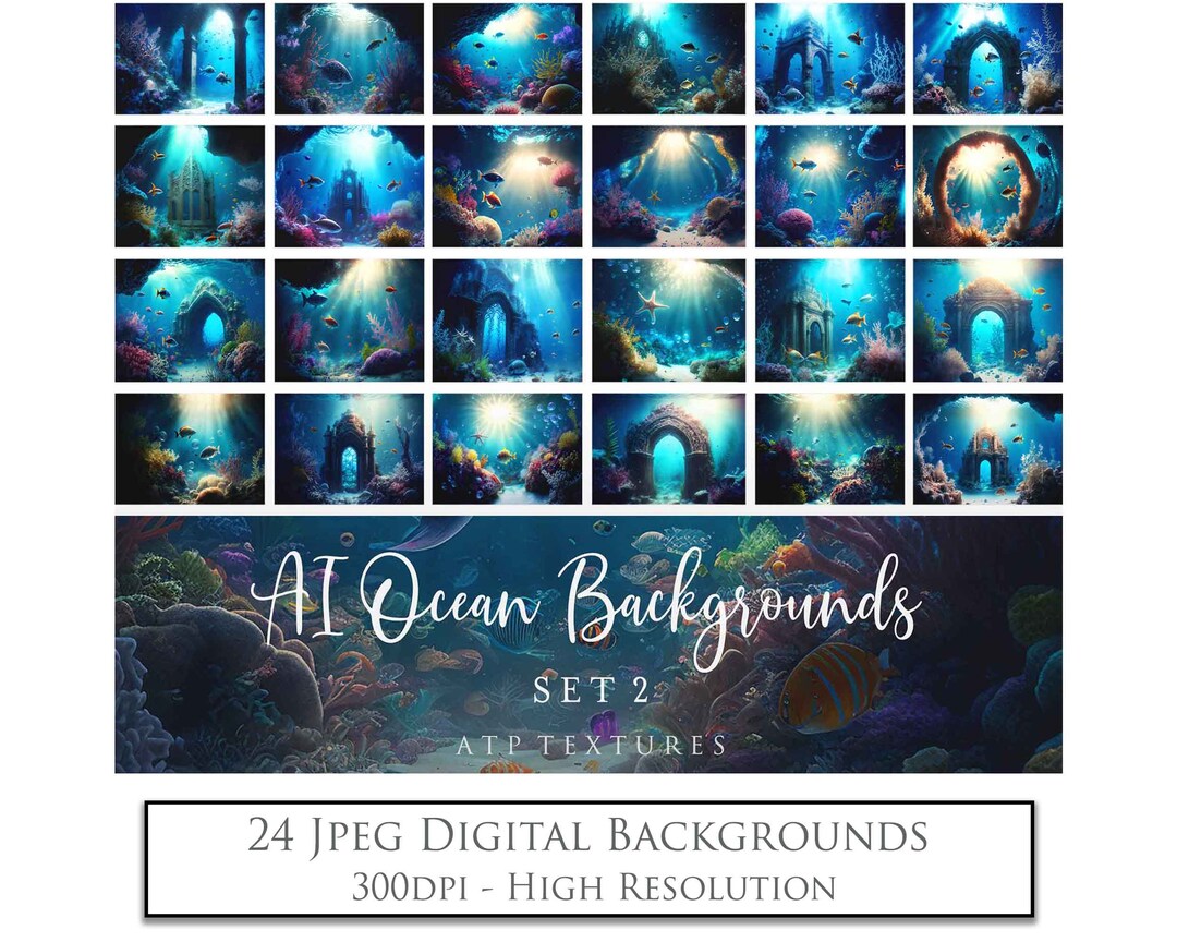 24 Digital Backgrounds - OCEAN Set 2 - Photo Backdrop, Underwater Scene ...