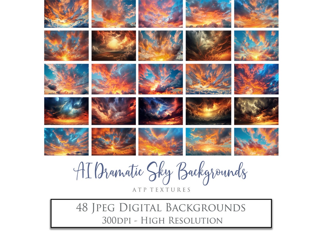 48 AI Digital Backgrounds, Dramatic Sky Overlays. Photography Backdrop ...