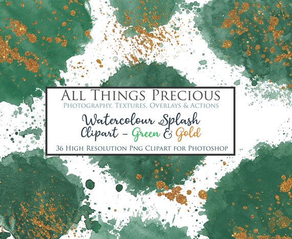 36 WATERCOLOUR Clipart Splash - GREEN and GOLD / Png Clipart, High Res ...