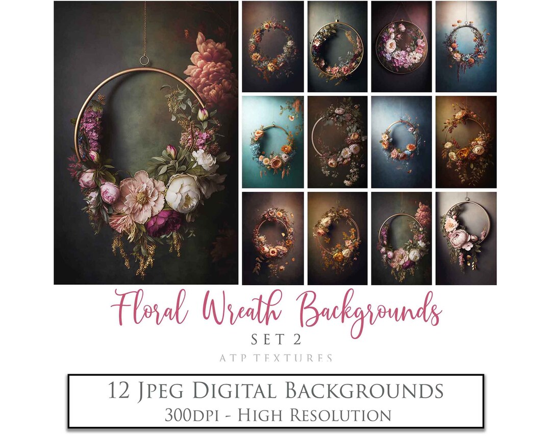 12 Digital Backgrounds FLORAL WREATH Set 2 / Flower Ring, Backdrop ...