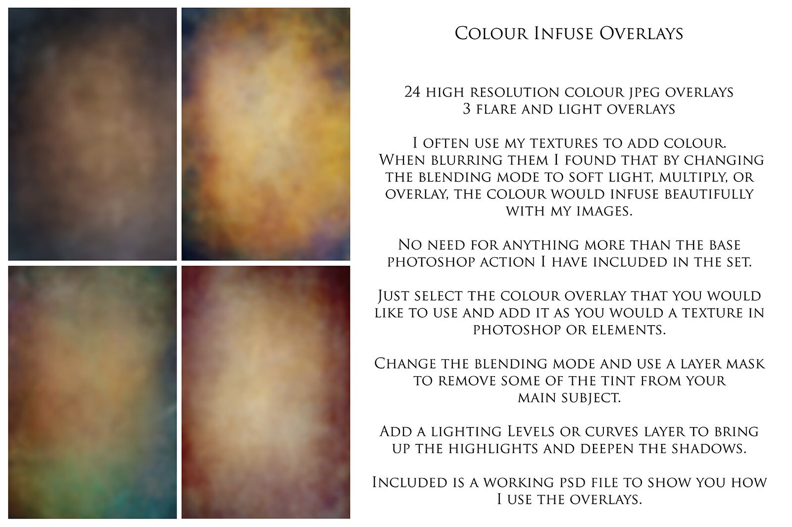 24 COLOUR INFUSE OVERLAYS With Base Editing Photoshop Action | Etsy