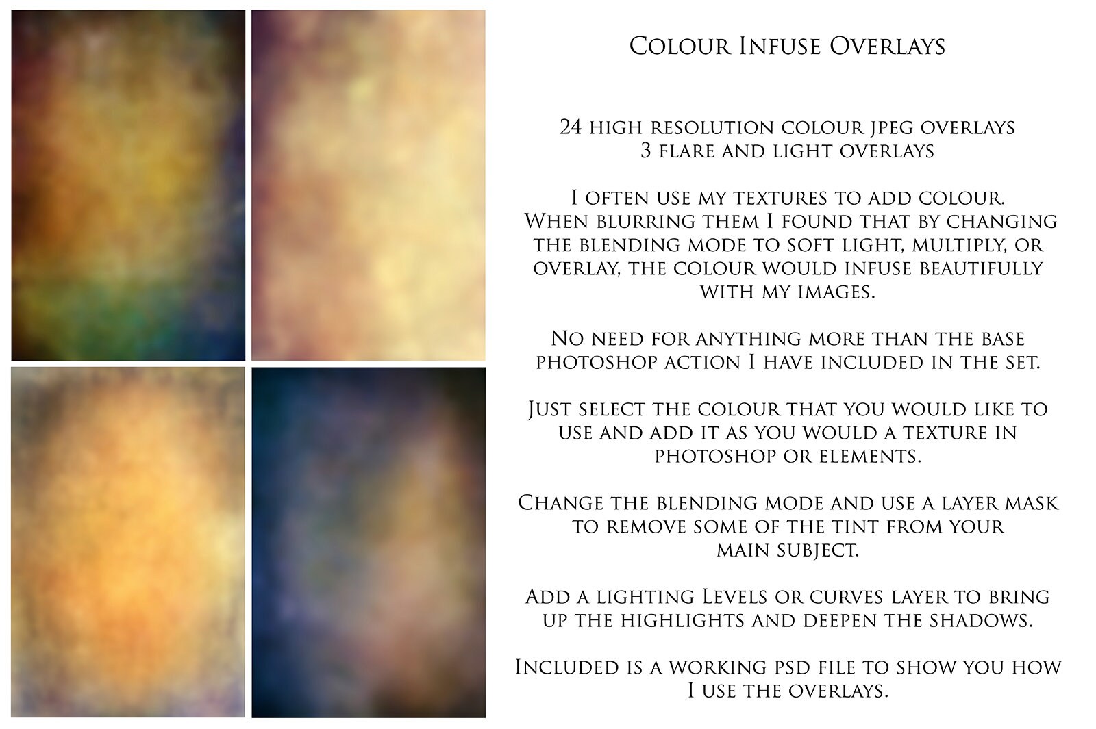 24 COLOUR INFUSE OVERLAYS Set 3. Base Editing Photoshop Action Included ...