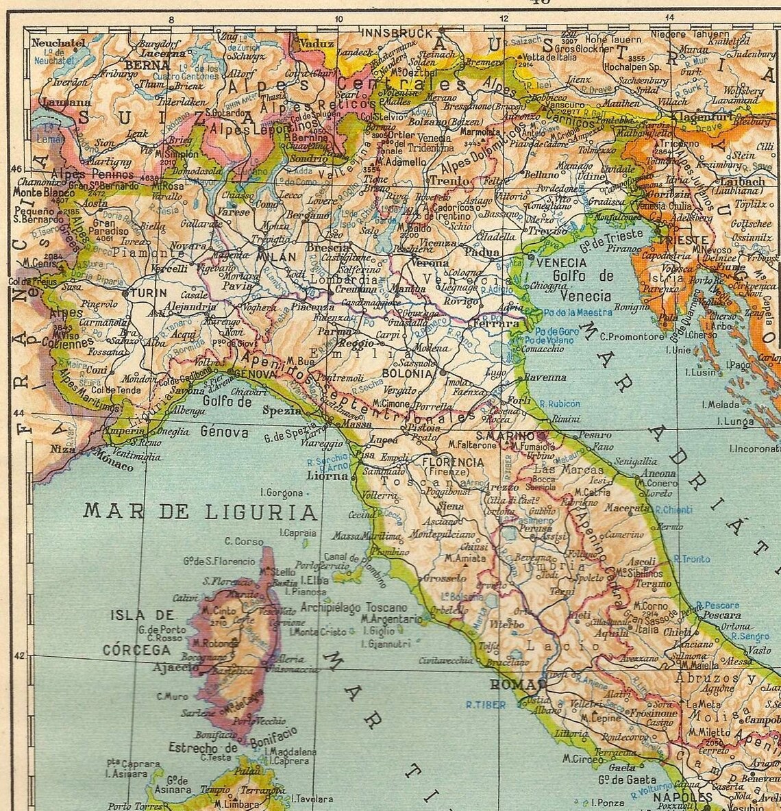 Antique Spanish Map of Italy - 1940 - Etsy