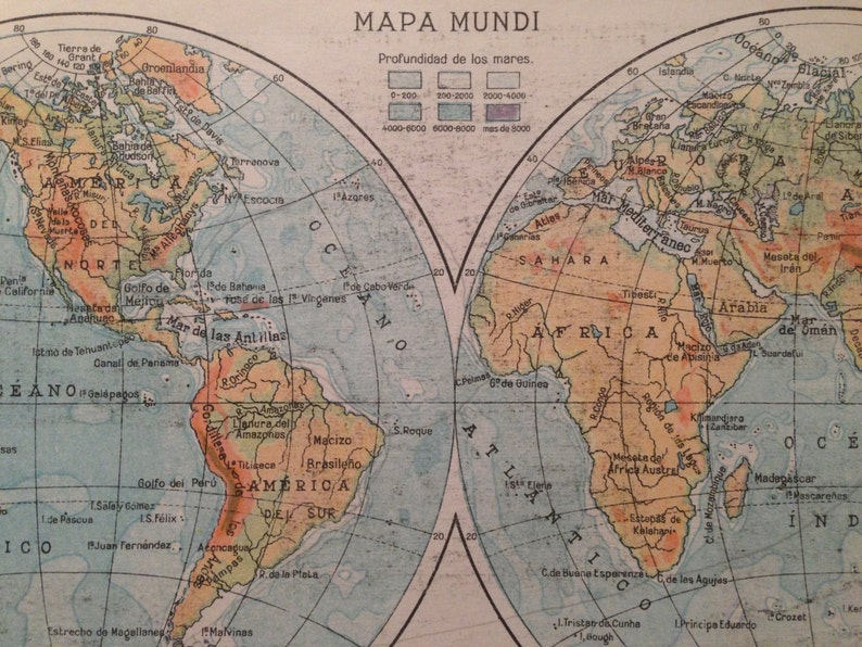 Antique Spanish World Map 1939 Spanish Double Hemisphere | Etsy