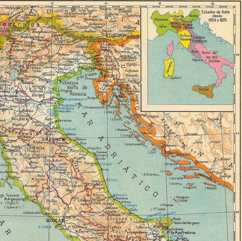 Antique Spanish Map of Italy - 1940 - Etsy