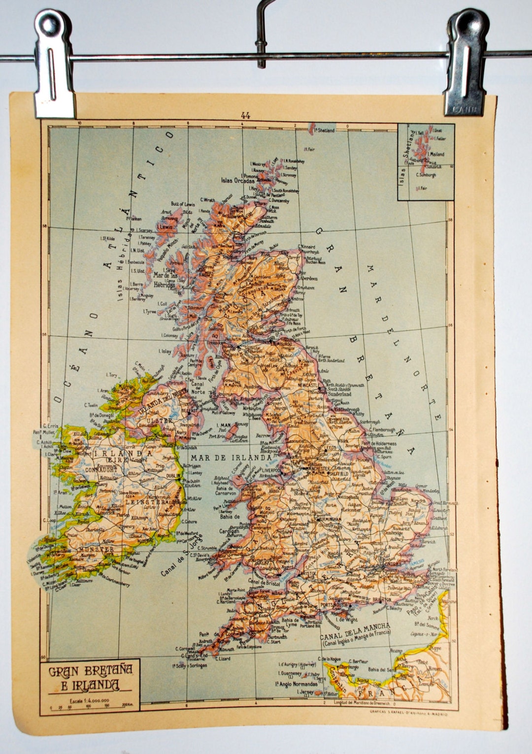 1940 Antique Spanish Map of United Kingdom and Ireland - Etsy