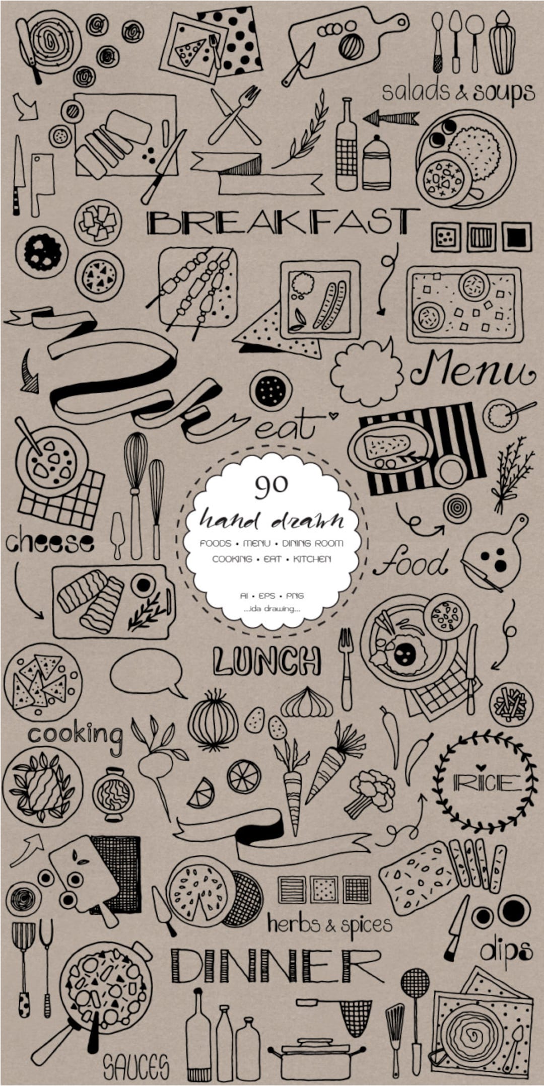 90 Hand Drawn Foods Digital Clipart - Food Banner-menu-logo-kitchen ...