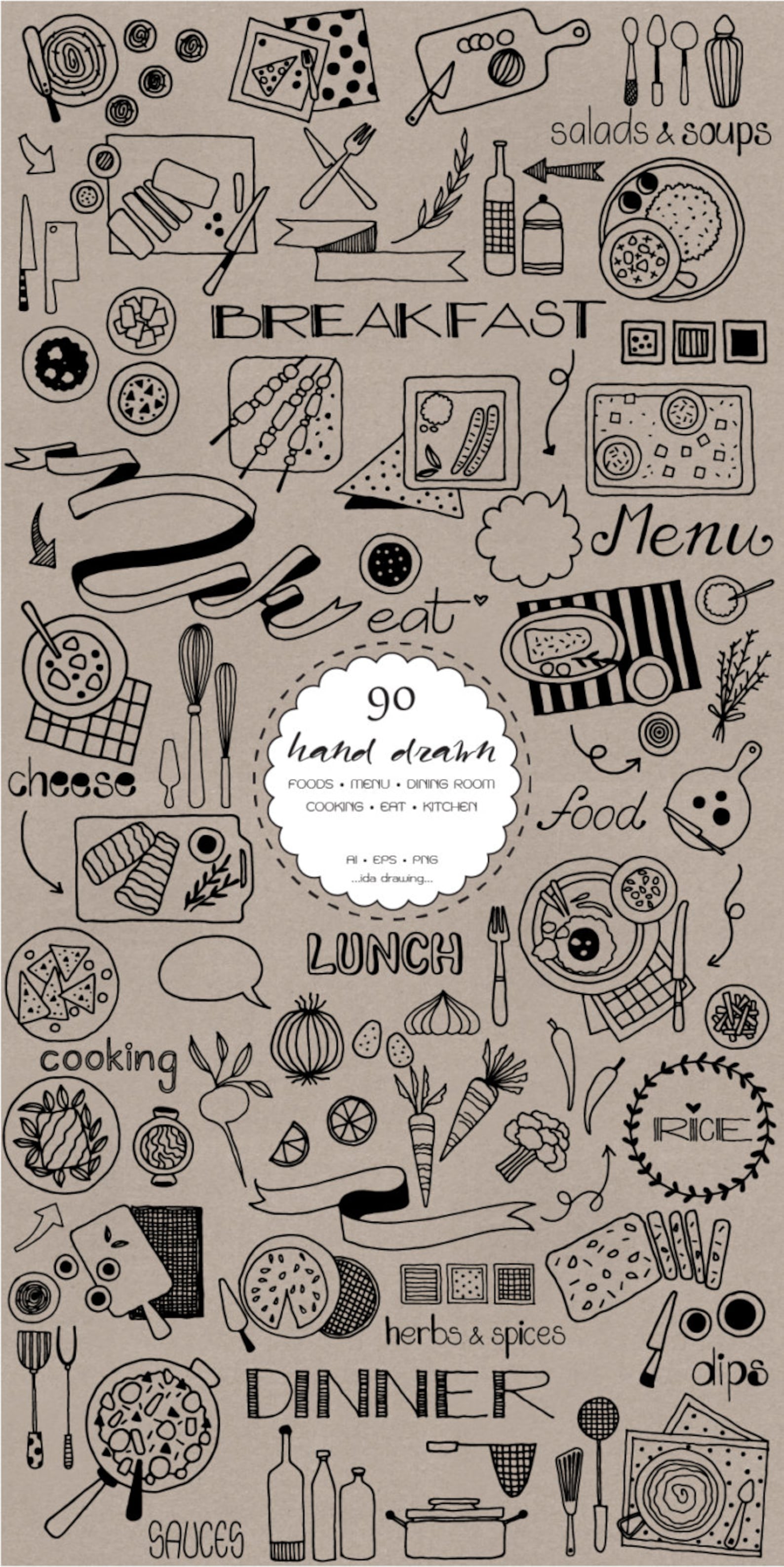 90 Hand Drawn Foods Digital Clipart - Food Banner-menu-logo-kitchen ...