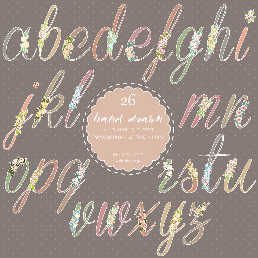 26 Hand Drawn A-z Floral Alphabet Digital Clip Art-floral Typography ...