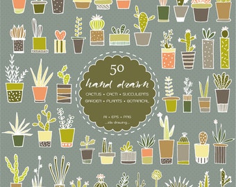 70 Hand Drawn Cactus Digital Clip Art Cacti Botanicals | Etsy