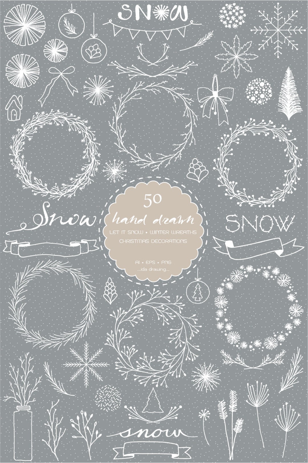 50 Hand Drawn Let It Snow Digital Clip Art-winter Wreaths-snowflakes ...