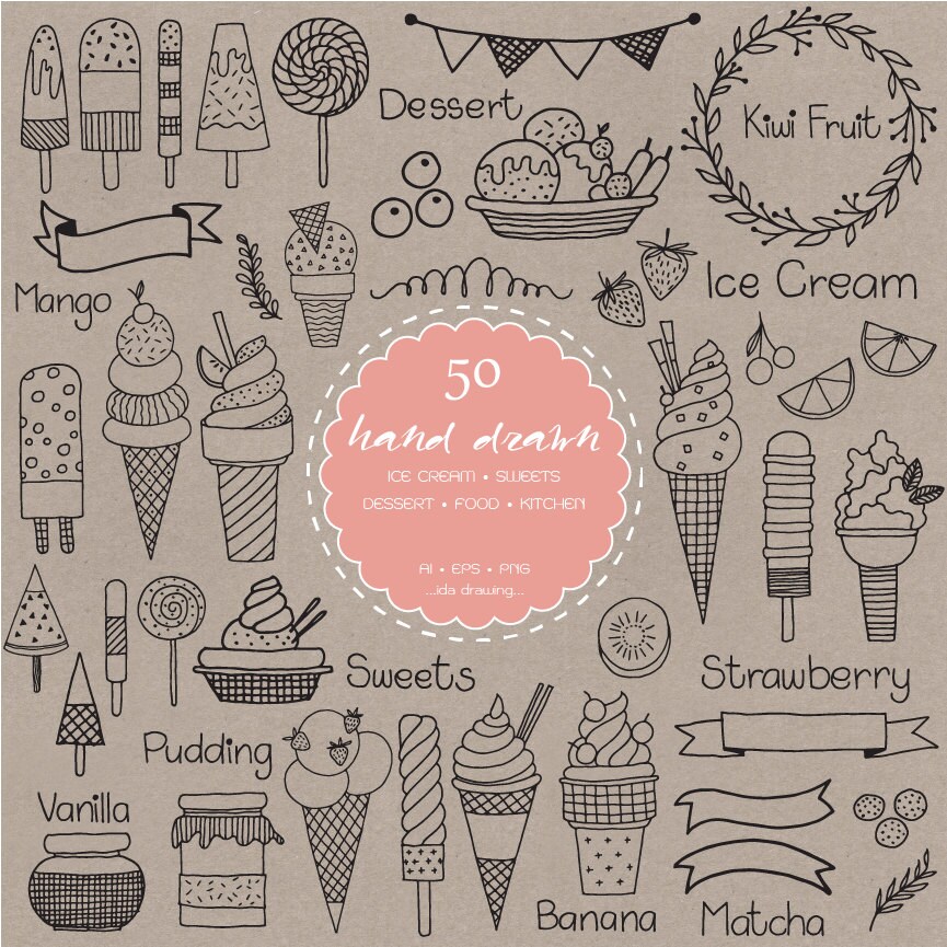 50 Hand Drawn Ice Cream Digital Clipart - Sweets-dessert Art - Food ...