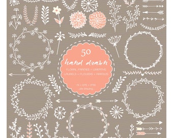 50 Hand Drawn Floral Frames Digital Clip Art Flower Frames Wedding ...