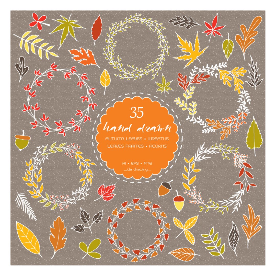 35 Hand Drawn Autumn Leaves Digital Clip Art-autumn Wreaths-acorns-leaf ...