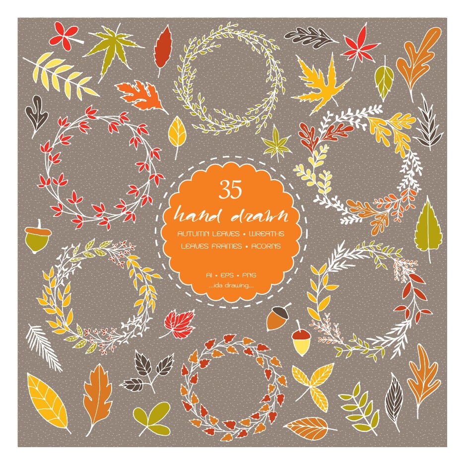 35 Hand Drawn Autumn Leaves Digital Clip Art-autumn Wreaths-acorns-leaf ...