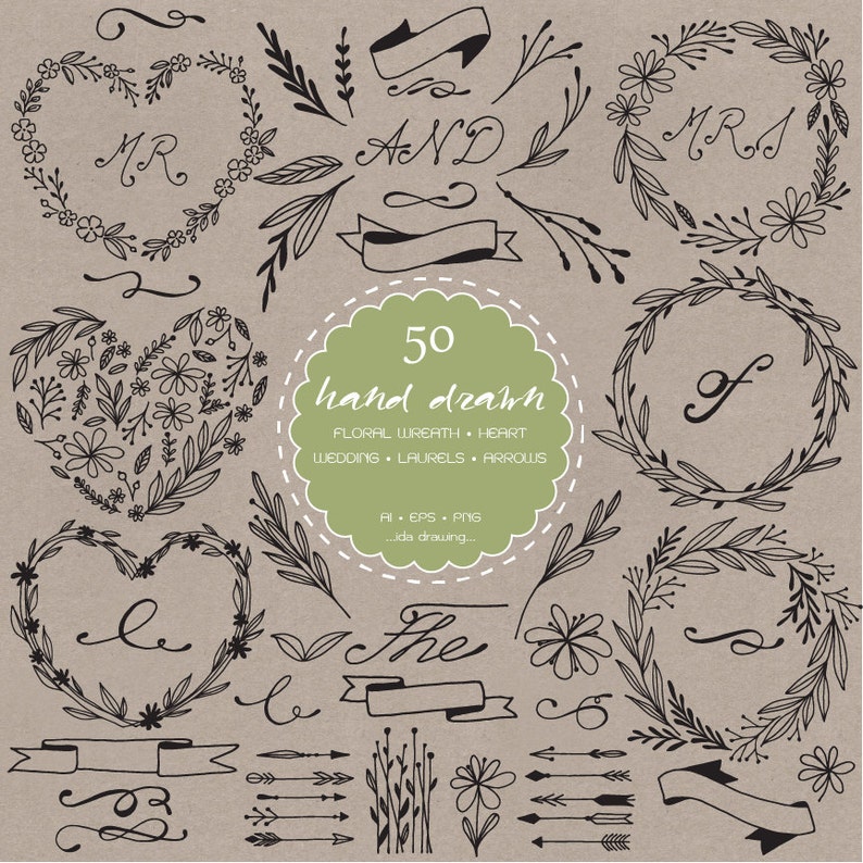 50 Hand Drawn Wedding Wreath Digital Clip Art-floral Frames-wedding ...