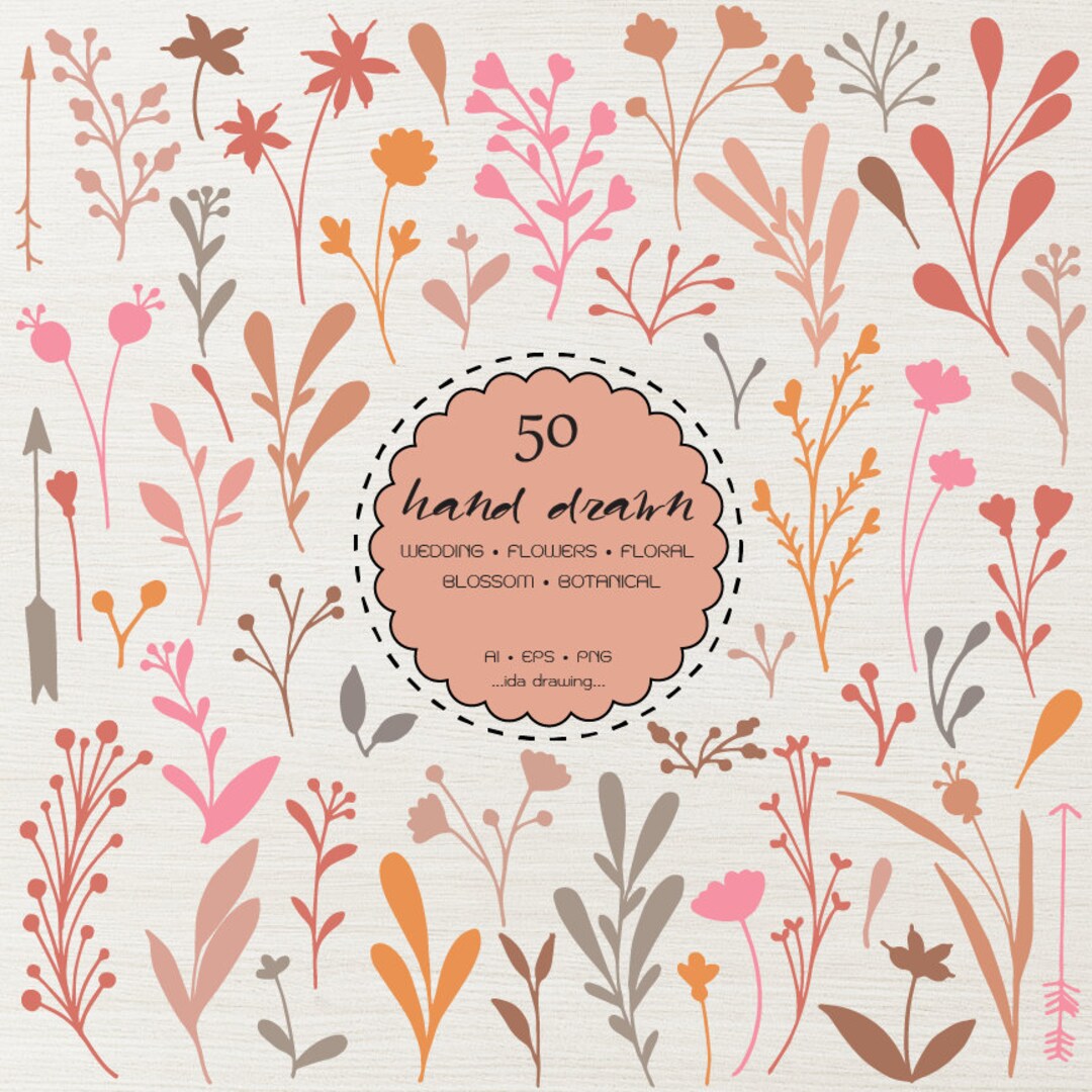 50 Hand Drawn Flowers Digital Clip Art - Wedding Flower - Floral Clip ...