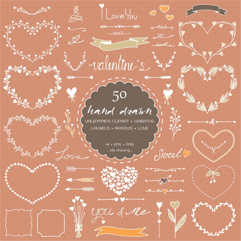 50 Hand Drawn Valentine’s Day Digital Clipart - Valentine’s Clipart ...