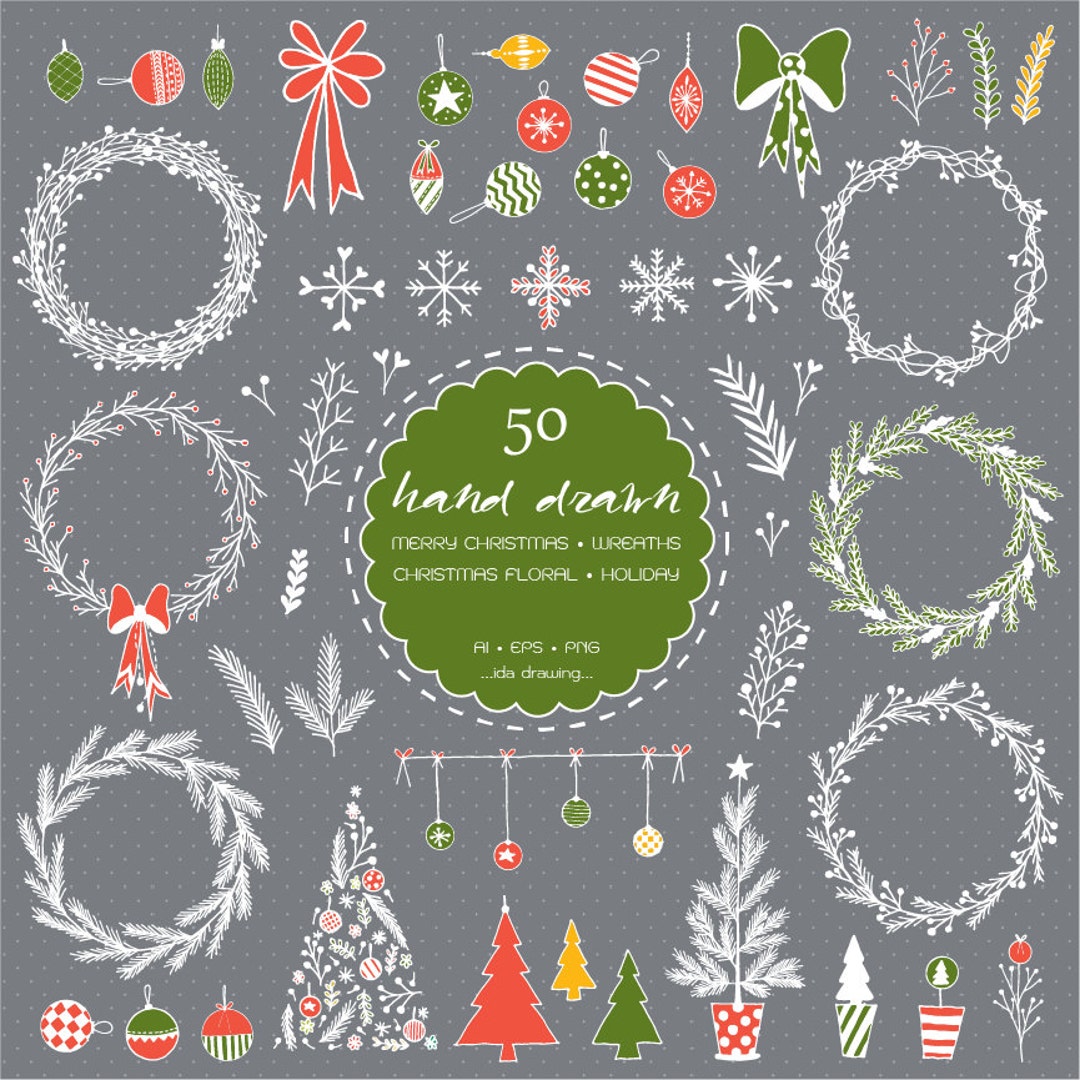50 Hand Drawn Christmas Digital Clip Art - Merry Christmas - Christmas ...