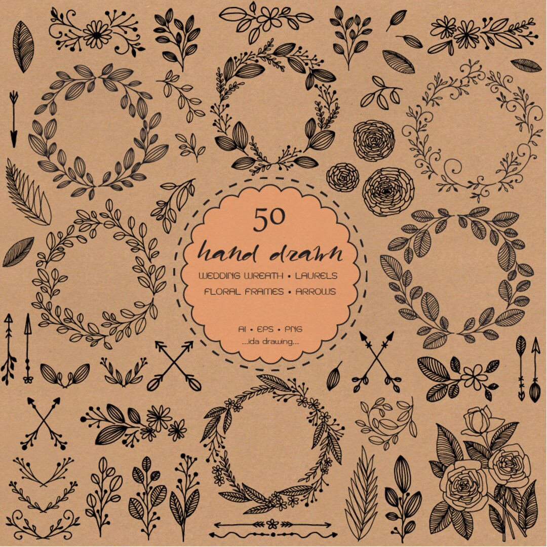 50 Hand Drawn Laurels Wreath Digital Clip Art - Floral Wedding - Wreath ...