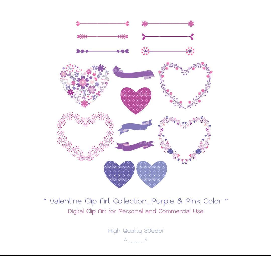 Valentine Clip Art - Purple and Pink Color, Heart Floral Wreath, Floral ...