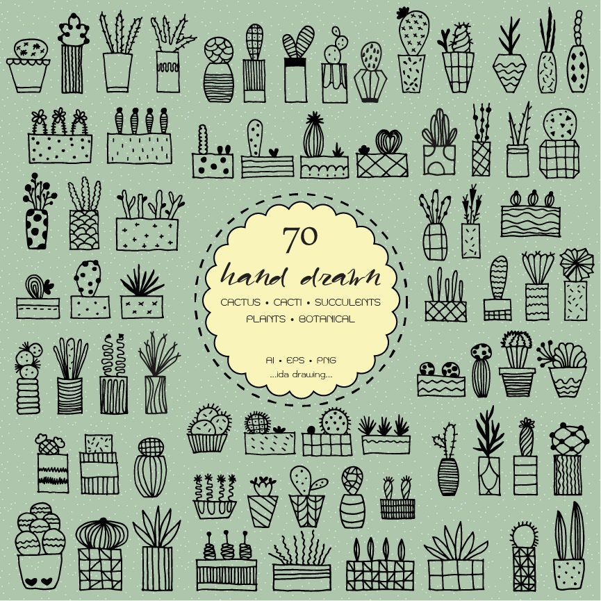 70 Hand Drawn Cactus Digital Clip Art - Cacti - Botanicals - Plants ...