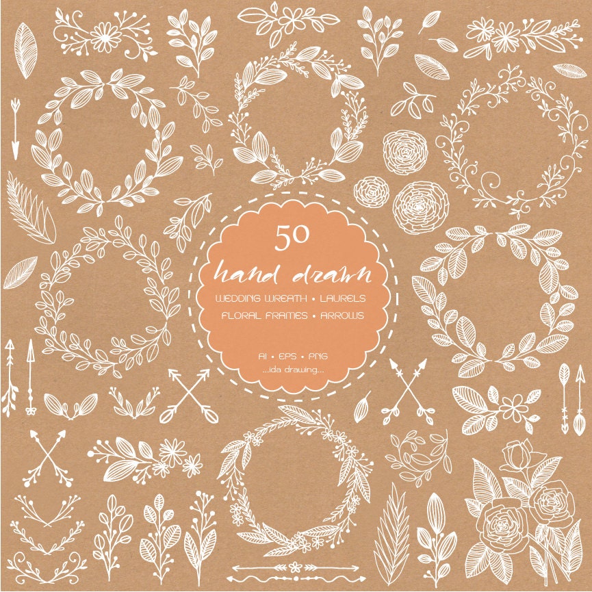 50 Hand Drawn White Laurel Wreath Digital Clip Art-chalkboard Wedding ...