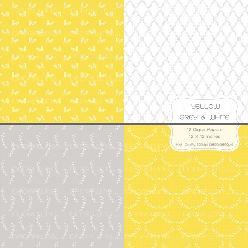 Yellow Grey & White Digital Paper - Yellow Floral Digital Paper -yellow ...