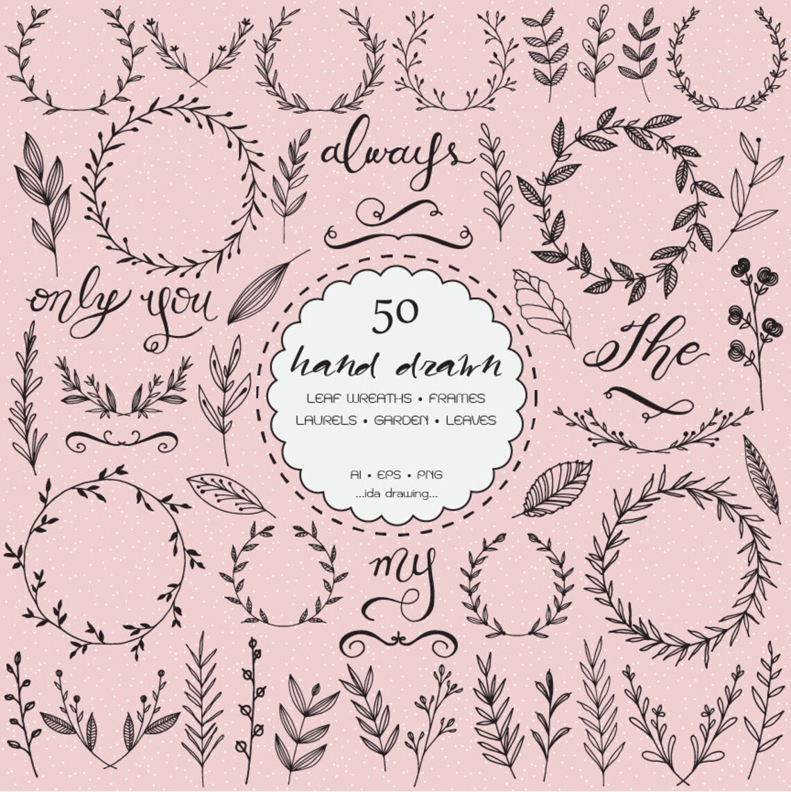 50 Hand Drawn Leaf Wreaths Digital Clip Art - Wedding Wreaths - Laurels ...