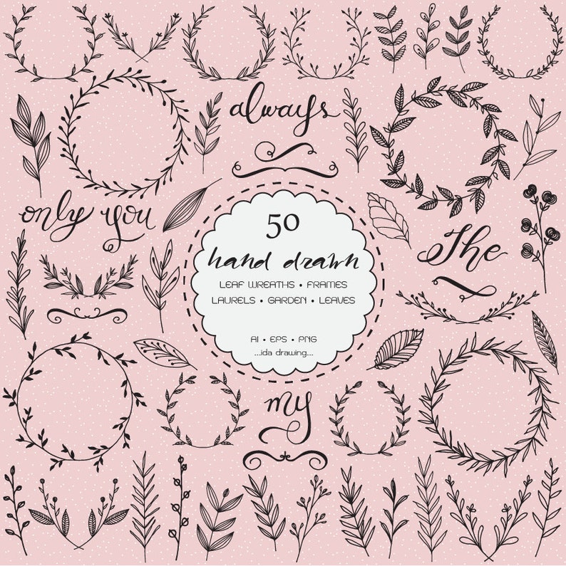 50 Hand Drawn Leaf Wreaths Digital Clip Art - Wedding Wreaths - Laurels ...