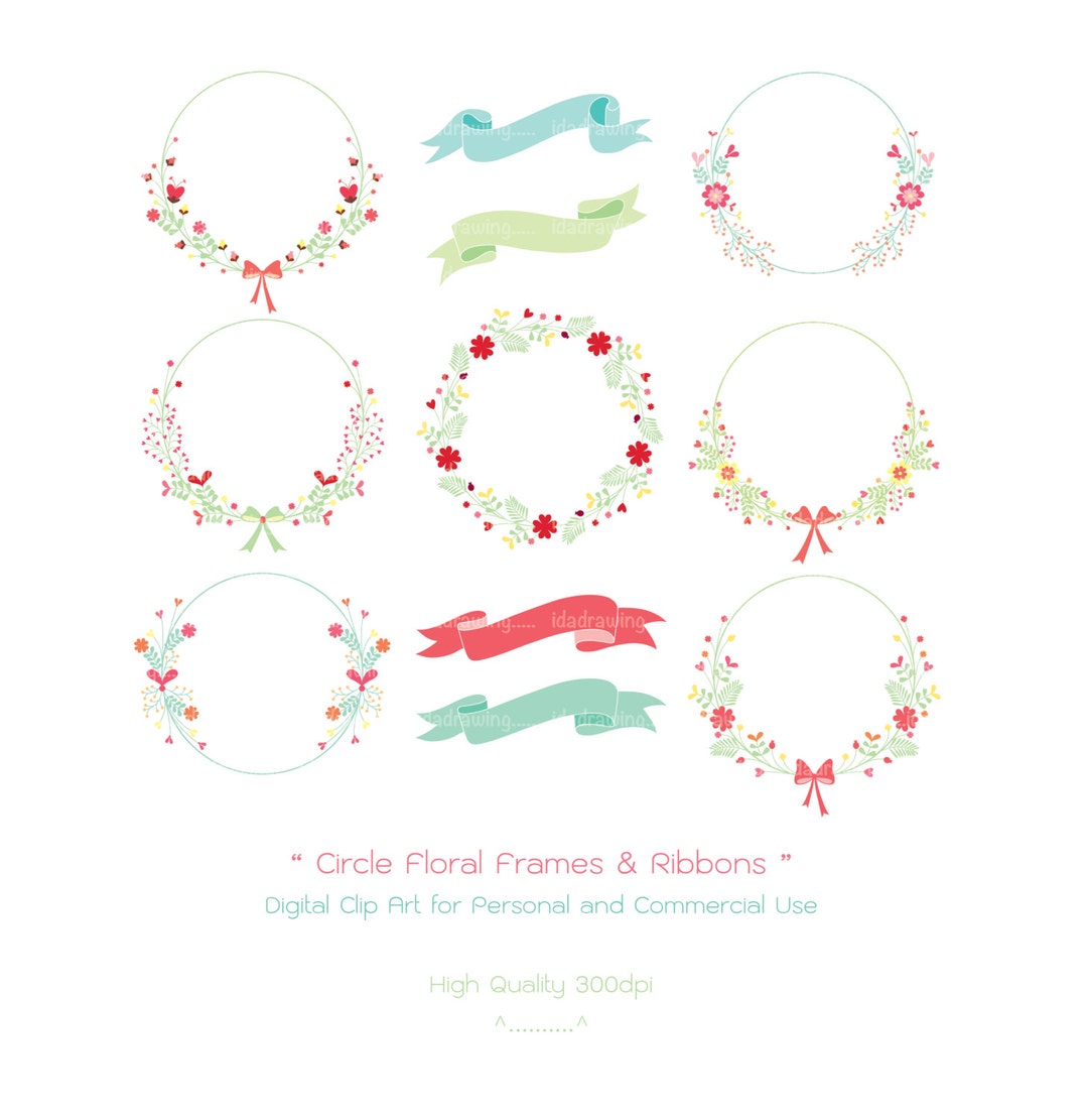 Circle Floral Frames & Ribbons - Digital Clip Art - High Quality 300dpi ...