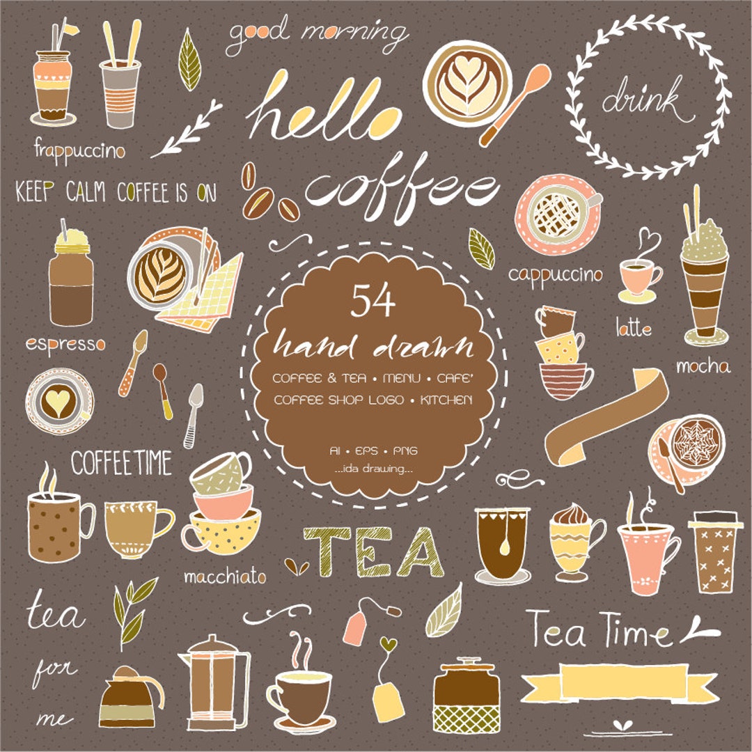 54 Hand Drawn Coffee & Tea Digital Clipart - Coffee Shop Logo - Tea Cup ...