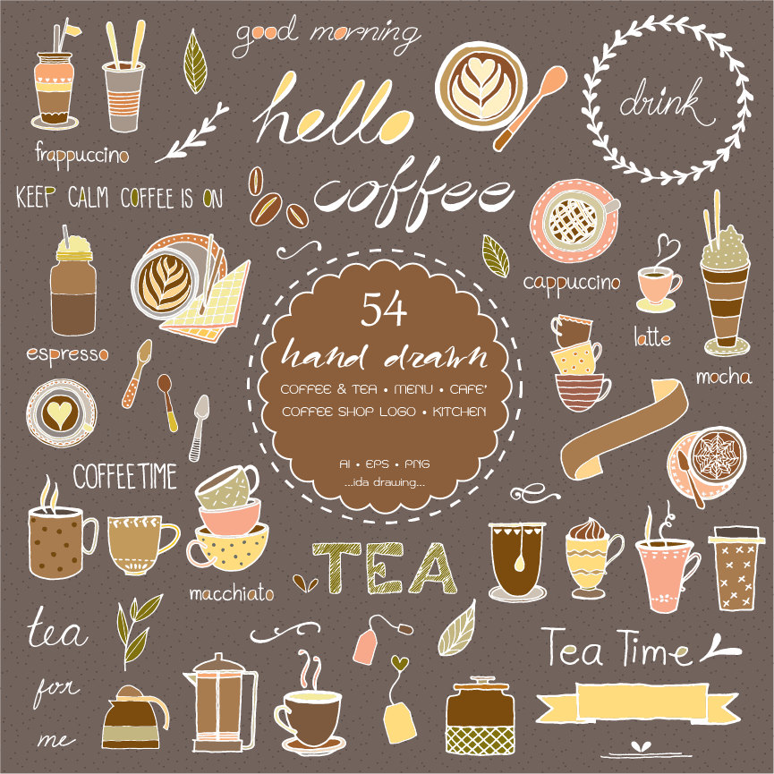 54 Hand Drawn Coffee & Tea Digital Clipart - Coffee Shop Logo - Tea Cup ...