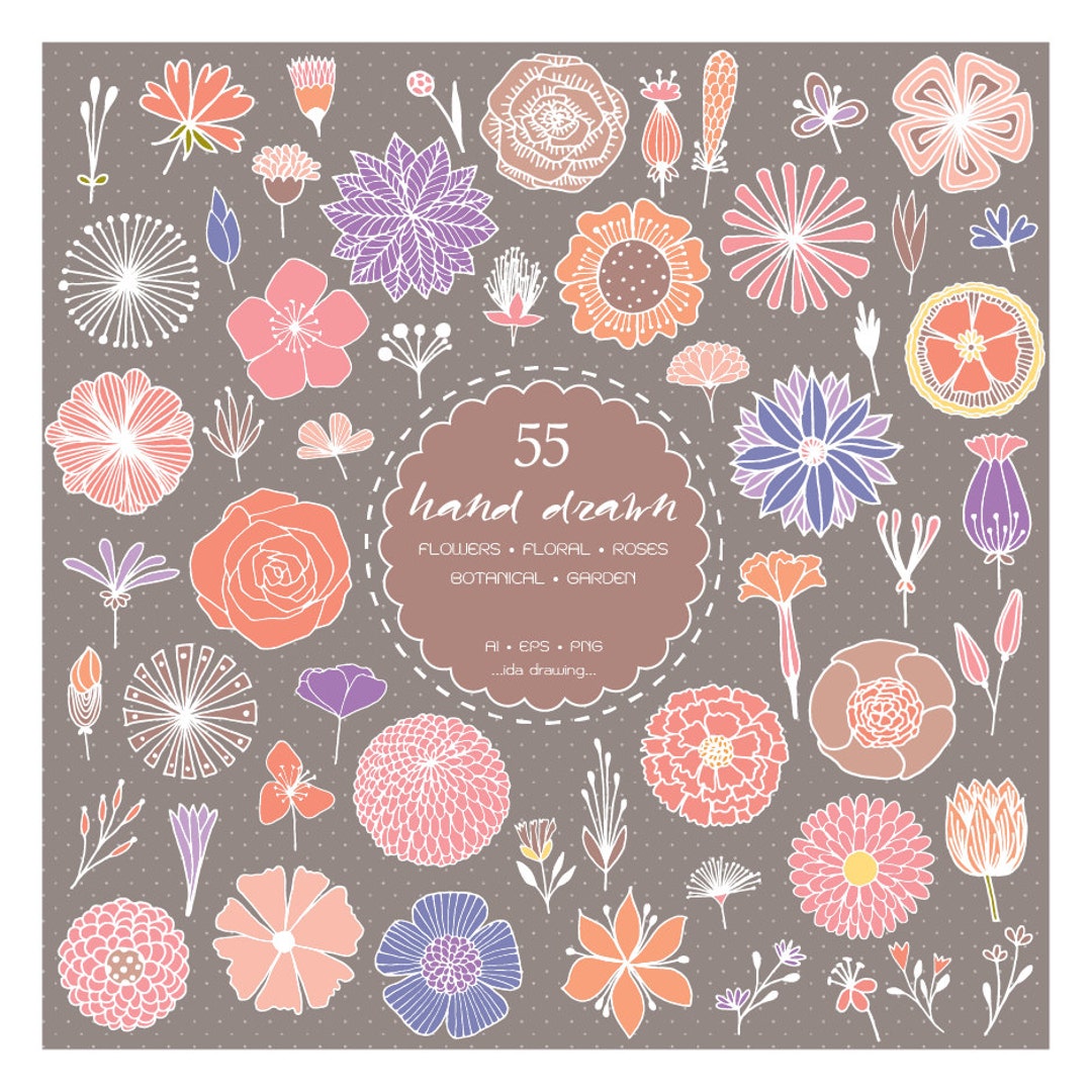 55 Hand Drawn Flowers Digital Clip Art - Wedding Flower - Floral Clip ...