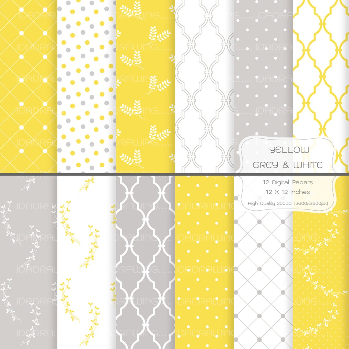 Yellow Grey & White Digital Paper - Yellow Floral Digital Paper -yellow ...