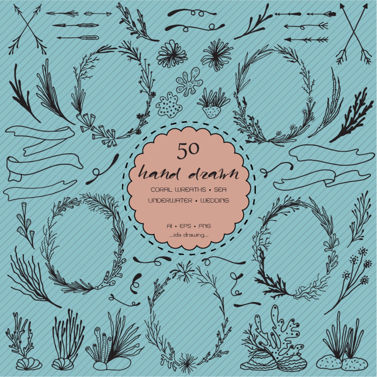 50 Hand Drawn Coral Wreaths Digital Clip Art - Coral Wreaths - Sea ...
