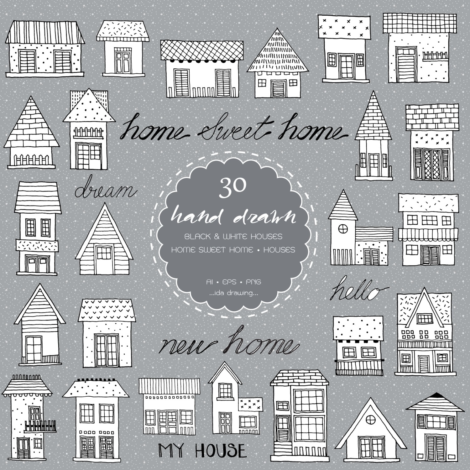 30 Black and White Home Sweet Home Digital Clip Art - Houses Clip Art ...