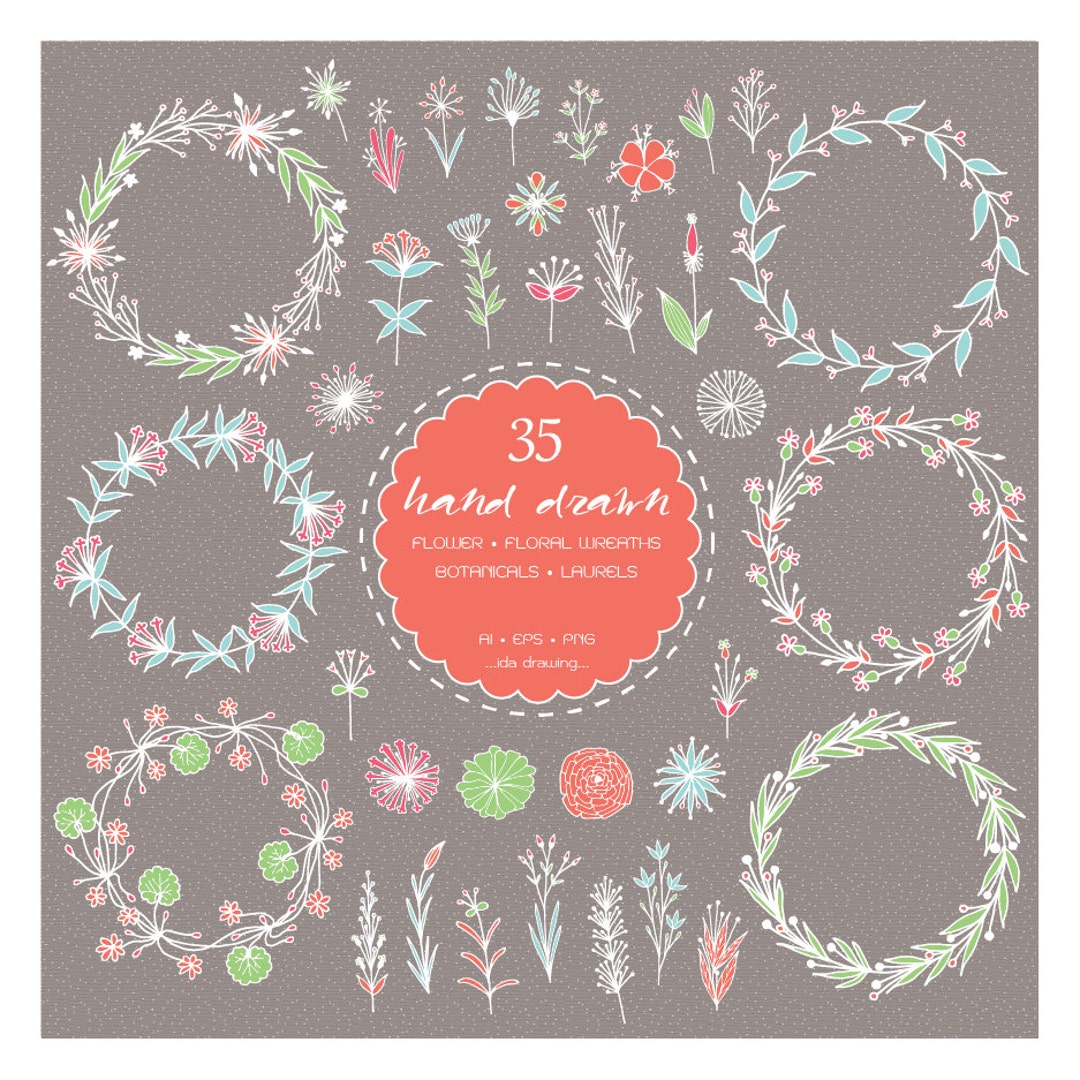 35 Hand Drawn Flowers Digital Clip Art - Flower Wreaths - Wedding ...