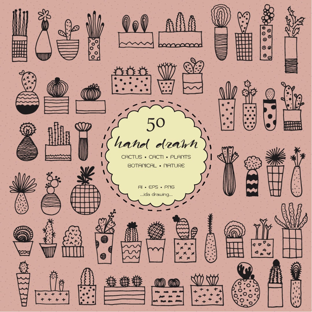 50 Hand Drawn Cactus Digital Clip Art - Cacti - Botanicals - Plants ...