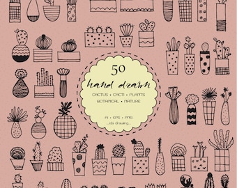 50 Hand Drawn Cactus Digital Clip Art Succulents Cacti | Etsy
