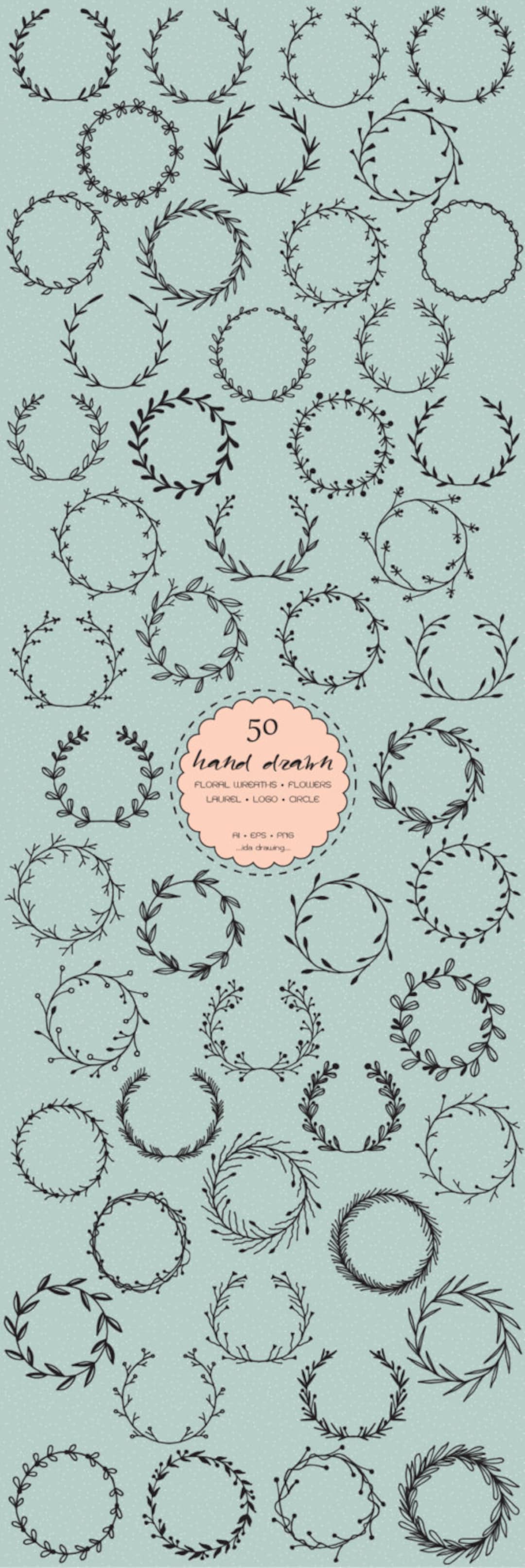 50 Hand Drawn Laurel Frame Logo Digital Clip Art - Wreaths - Floral ...