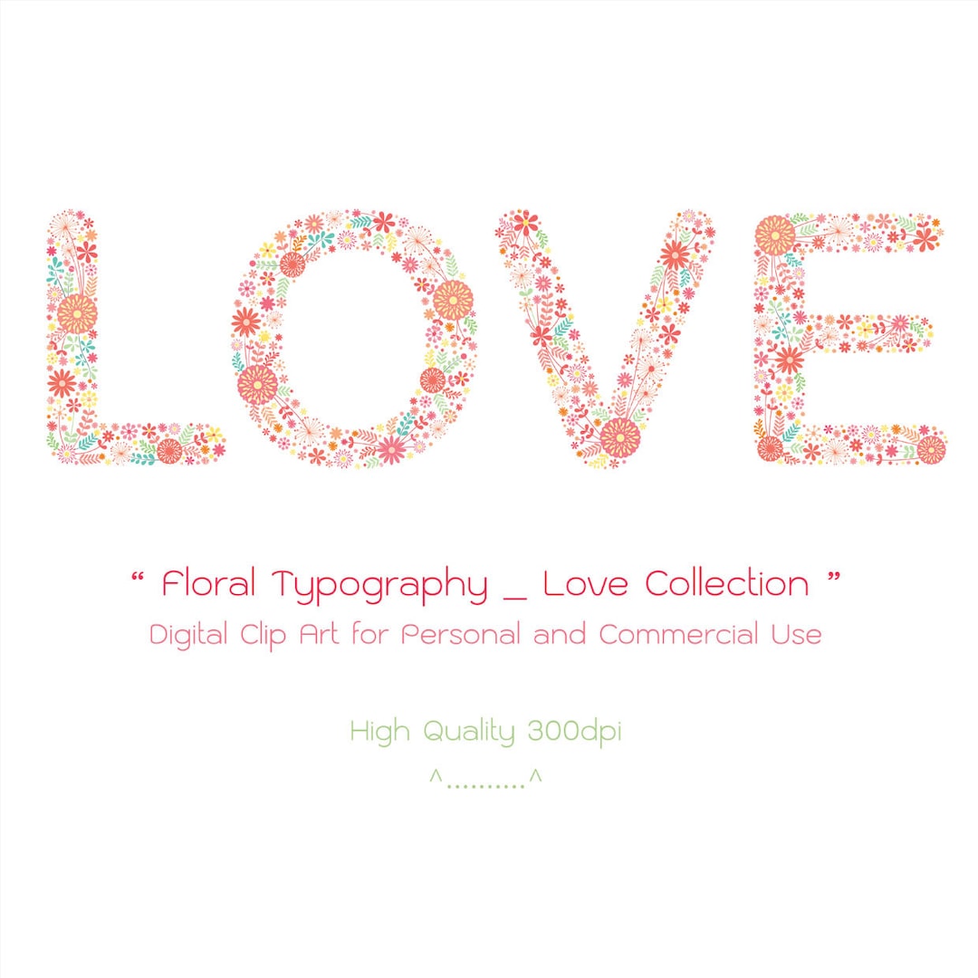 Floral Typography Digital Clip Art Love Collection Flower Text Love ...
