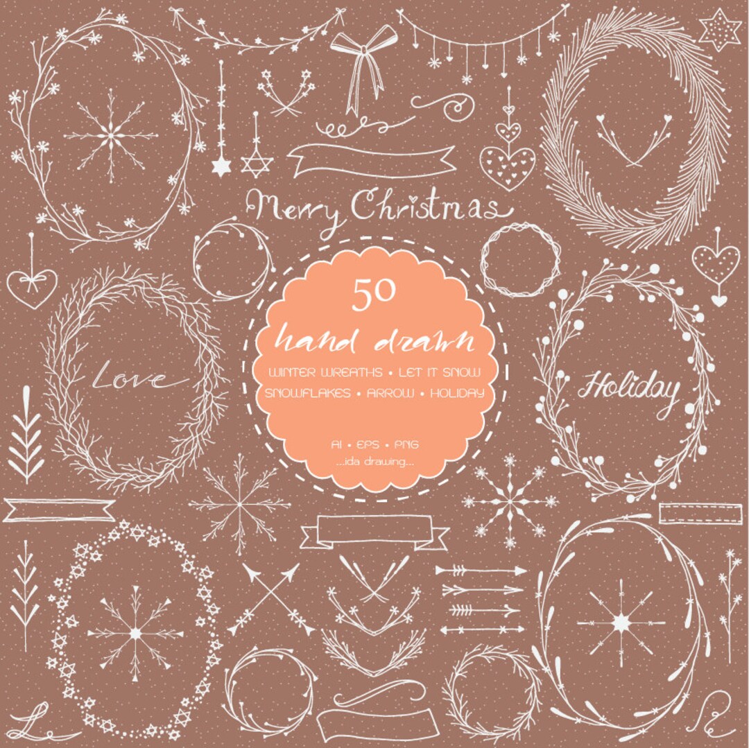 50 Hand Drawn Winter Wreaths Digital Clip Art-merry Christmas-christmas ...