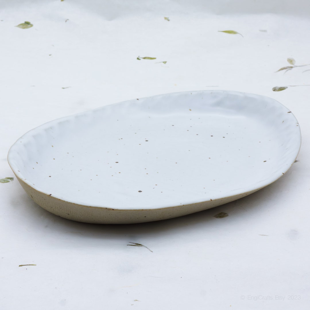 Pinched Half-glazed White Ceramic Stoneware Plate • 25.5cm 10in Dish ...