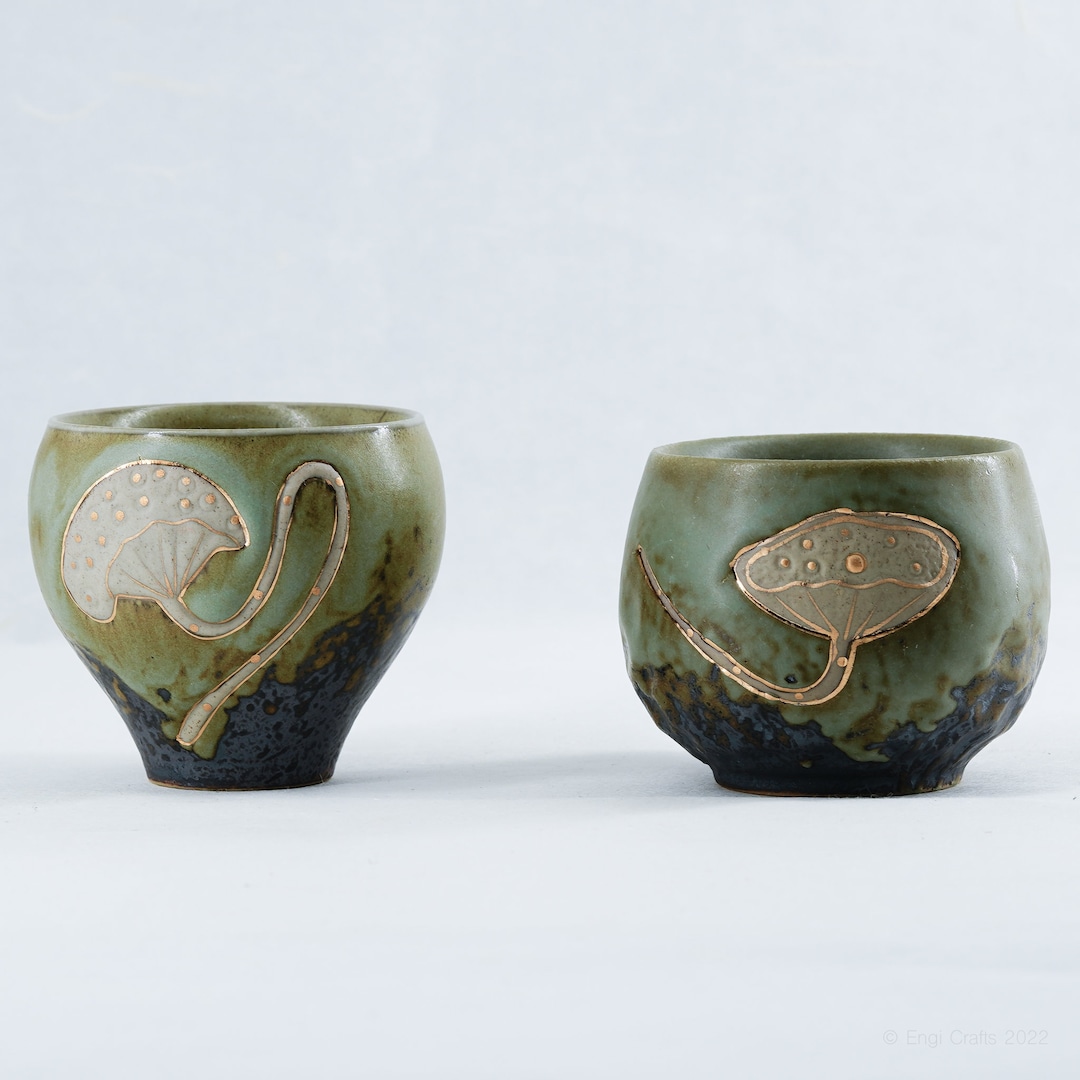 Green Ash-glazed Ceramic Cup Pair (145–165ml/5–6oz): Tea Coffee Cups ...