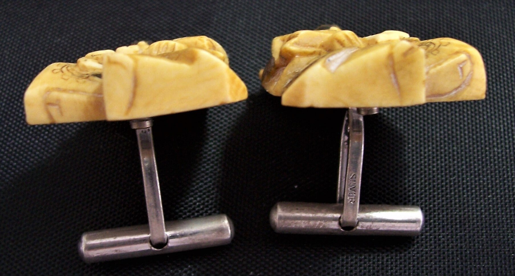 Vintage Japanese Cufflinks Carved Bone and Silver Toshikane Kabuki ...